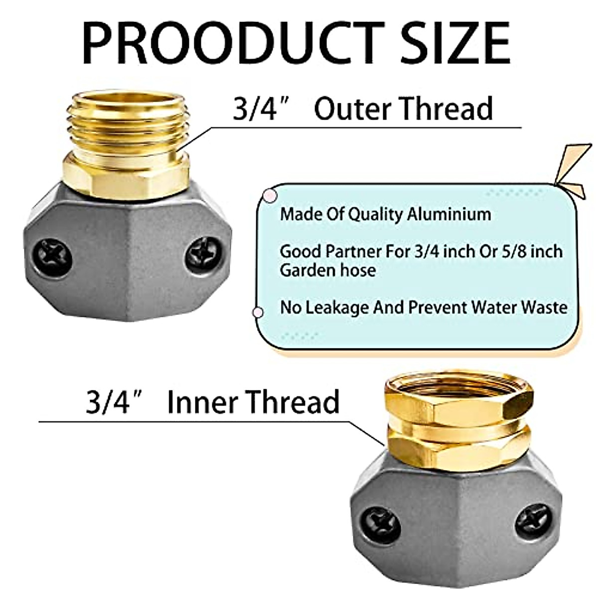 little tigger Garden Hose Repair Kit, Aluminum Mender Female and Male Hose End Connector with Zinc Clamp, Suitable for 3/4 Inch and 5/8 Inch Garden Hoses (2Sets)