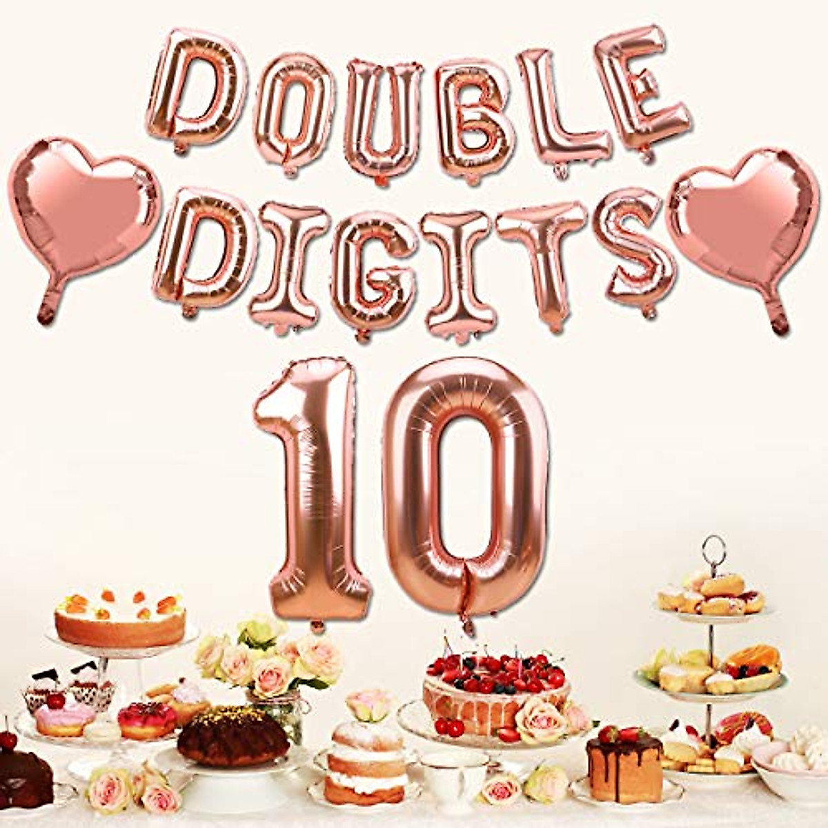 Luxiocio Double Digits Birthday Decorations, Happy 10th Birthday Balloons Banner for Girls, Rose Gold Double Digits 10 Year Old Birthday Party Supplies