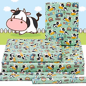 NEPOG Farm Cow Wrapping Paper for Boys Girls Kids, Cute Cow Farmhouse Tractor Farm Theme Design Green Birthday Paper 6 Sheets Folded Flat 20x28 inches per Sheet for Birthday Party Baby Shower