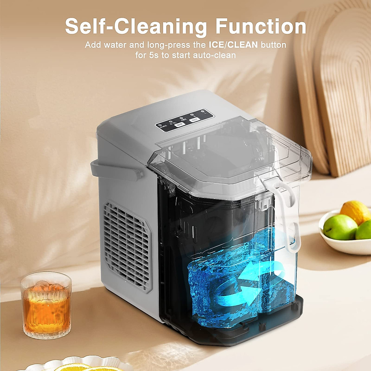 Xbeauty Countertop Ice Maker 6-Minute Fast Bullet Ice, Portable Double-Handle Removable Handle, Automatic-Cleaning Suitable for Outdoor Camping Bar Party and Kitchen-Grey
