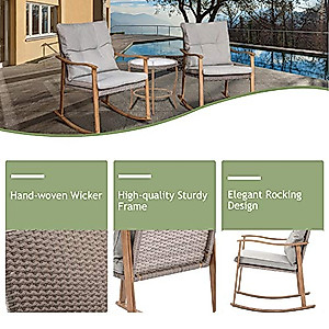 HOMPUS 3-Piece Outdoor Rocking Chairs Bistro Set Wicker Patio Furniture Set Wood Arm Rest Patio Rockes Set w Warm Gray Cushions, Front Porch Rocking Chairs with Glass Coffee Table for Balcony,Garden