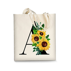 AUSVKAI Canvas Tote Bag Aesthetic for Women, Cute Sunflower Initial Trendy Monogram Personalized Initial Birthday Reusable Cloth Cotton Bags with Handle for Grocery College Shopping Beach