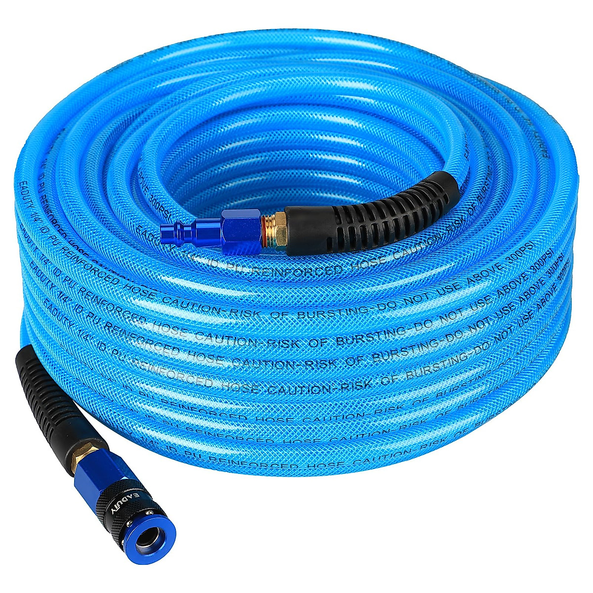 EADUTY Heavy Duty Reinforced Polyurethane Air Hose 1/4 in x 100 ft, Lightweight, Flexible Compressor Hose with Universal Quick Coupler, Plug and Bend Restrictors, Blue