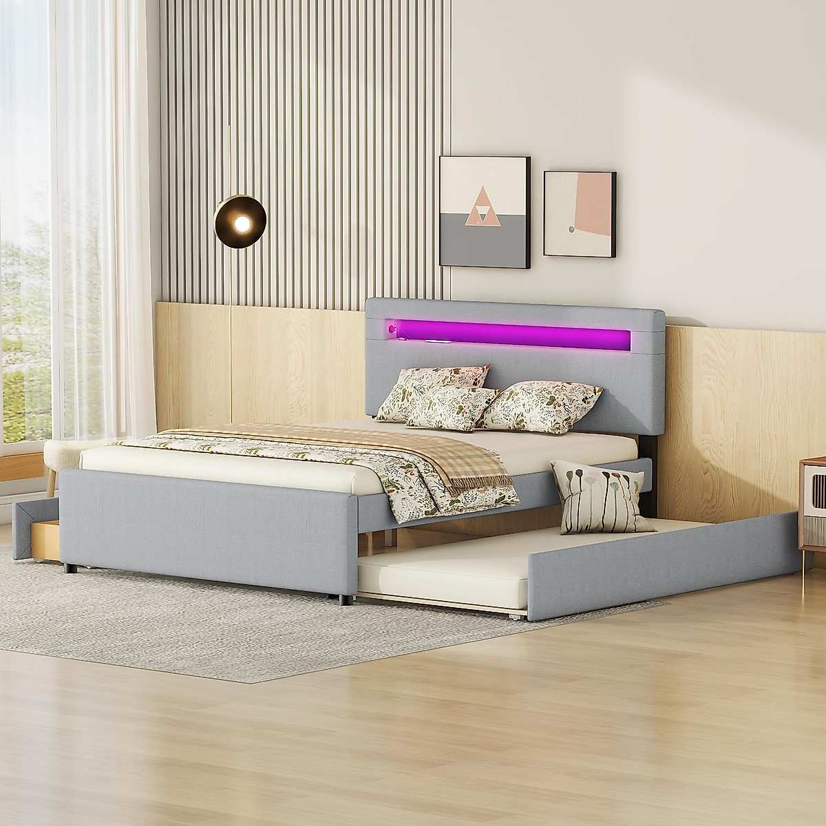 FANYHOME Queen Size Upholstered Platform Bed with 2 Storage Drawers and Twin Trundle, LED Lights and USB Charging, Linen Queen Bed Frame with Headboard and Wood Slat Support, Gray