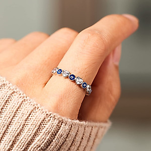 Story Jewellery Silver Plated Cubic Zirconia Evil Eye Promise Rings for Women, Heart & Evil Eye Ring Band Lucky Protection Jewelry Gifts, Birthday Christmas Valentines Gifts for Women (Plated 07)