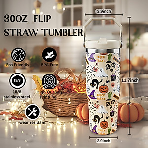 30oz Halloween Tumbler with Handle and Straw, Goth Black Cat Insulated Tumbler, Pumpkin Bat Skull Leak Proof Travel Coffee Mug, Reusable Stainless Steel Witch Tumbler, Halloween Gifts for Women
