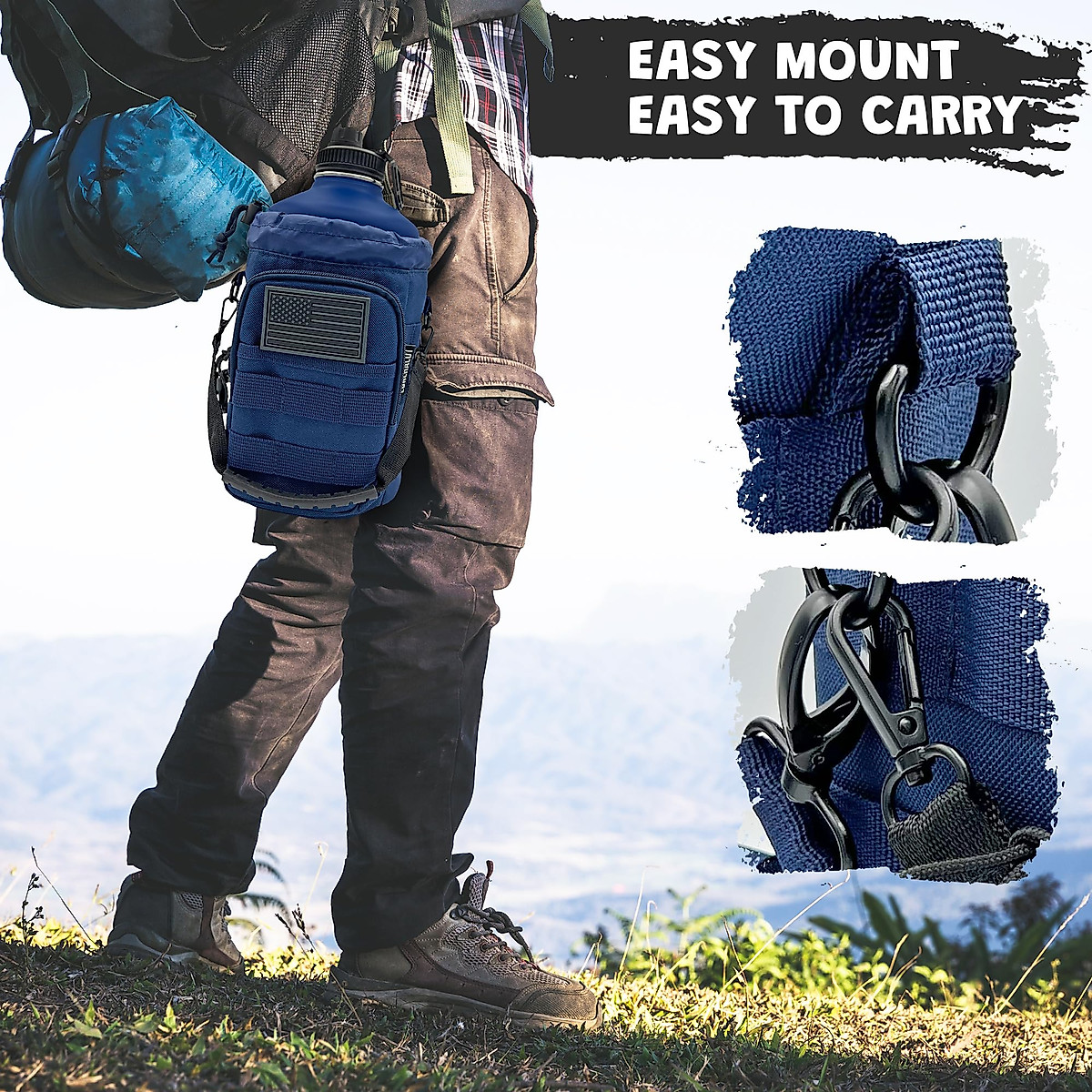 LUNCHALOT 1 Gallon Water Bottle Jug - 128 Oz Insulated Stainless Steel Metal Water Bottle with Holder - Carrying Bag - Spout Handle - Straw Lids - Keep Cold & Hot - Blue Tactical Flask