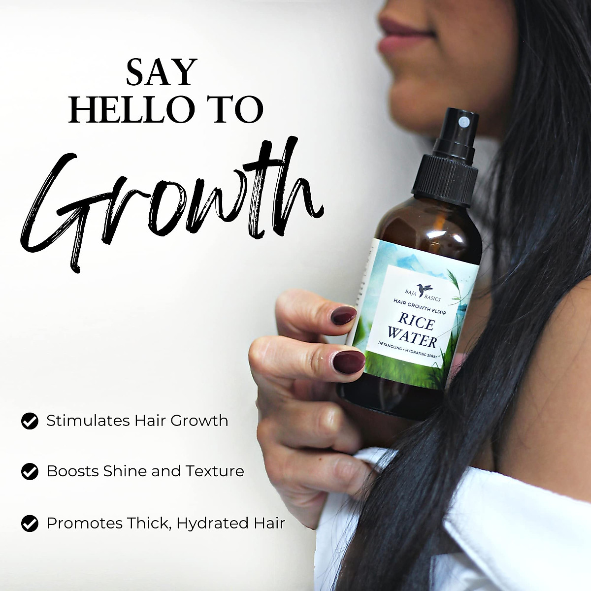 Rice Water For Hair Growth by Baja Basics, Thickness, Strength, Shine - Leave-in Conditioner for Scalp, Dry Split End Moisturizer - Mist Spray for Curly, Straight, Thick, Thin Hair 4oz