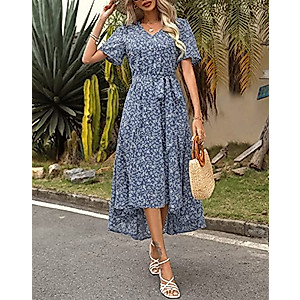 Maggeer 2023 Womens Casual Summer Dresses Short Sleeve Cute V Neck Ruffle Boho A Line High Low Flowy Swing Beach Modest Floral Maxi Dress with Pockets Dusty Blue XL