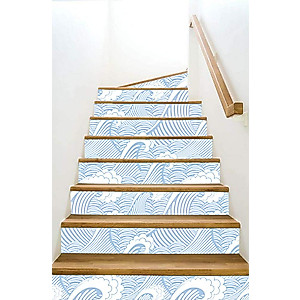 Blooming Wall CPS030 Peel&Stick Handpainting Seamless Blue White Waves Sea Sprays Self-Adhesive Prepasted Wallpaper Wall Mural (17.7“x118”)