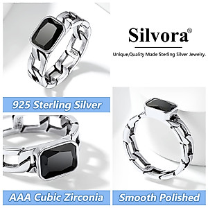 Cuban Link Ring for Men Women Sterling Silver Engagement Band with Dainty Black Cubic Zirconia Wedding Eternity Jewelry