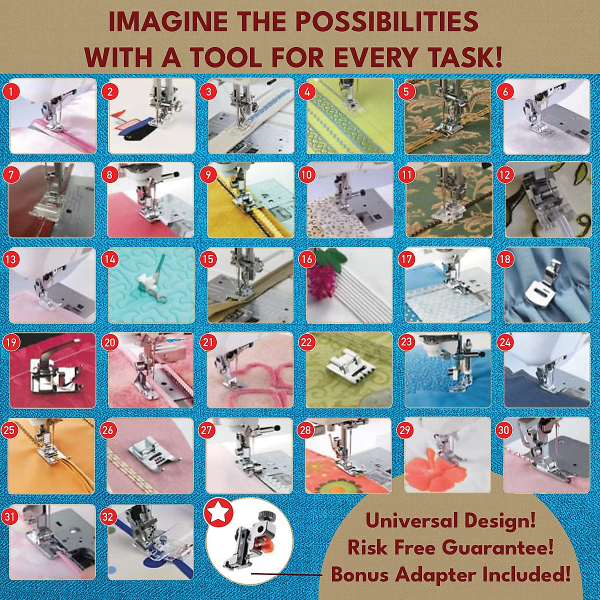 Madam Sew Presser Foot Set 32 Piece Set | The ONLY Sewing Machine Presser Foot Kit with Manual and Deluxe Storage Case | Numbered Slots for Organization | Compatible with Most Sewing Machines