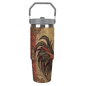 BWQJKUO Large Capacity Car Cup 30 Oz Stainless Steel Old Rooster Illustration Printed Travel Mug Leak-proof Flip Straw Tumbler with Handle,keeps Cold Or Ho