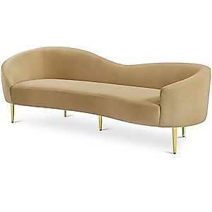 Meridian Furniture 659Camel-S Ritz Collection Modern | Contemporary Upholstered Sofa with Rich Camel Velvet, Gold Metal Legs, Curved Contemporary Design, 85.5" W x 31.75" D x 30.5" H, Camel
