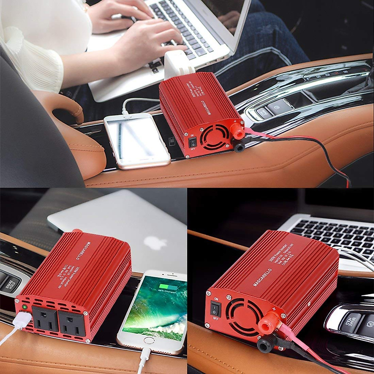MASCARELLO 300w Car Power Inverter DC 12V to 110V AC Converter with AC Outlet and 5V/3.1A USB Car Charger for iPhone Laptop Notebook Camping(with Clip)
