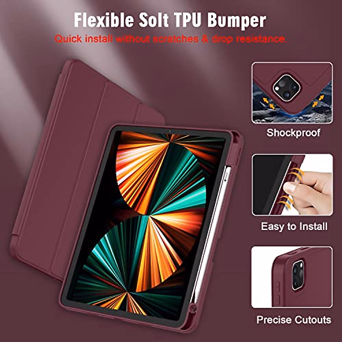 ZryXal New iPad Pro 12.9 Inch Case 2022/2021/2020(6th/5th/4th Gen) with Pencil Holder,Smart iPad Case [Support Touch ID and Auto Wake/Sleep] with Auto 2nd Gen Pencil Charging (Wine)