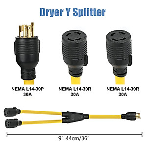 3FT NEMA L14-30 Splitter Cord Generator Y Adapter, HDWS NEMA L14-30P to (2) Outlet Port L14-30R Twist Lock Extension Cord, 30 Amp 4 Prong Generator Power Cord Adapter
