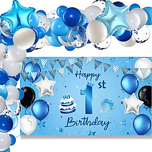 1st Birthday Decorations First Birthday Boy Backdrop 88 Pcs Blue Baby Boy First Party Supplies with Banner Foil Star Balloons Set for Baby Shower Party Decorations Supplies
