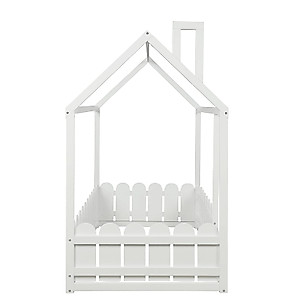Harper & Bright Designs Kids House Beds, Twin Floor Bed with Fence Wood Cabin Bed Frame Can be Decorated for Kids, Teens, Girls, Boys, White