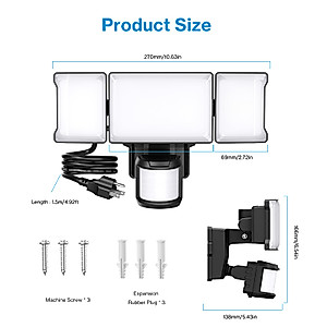 Olafus 65W Motion Sensor Outdoor Light Plug in, Motion Flood Light Dusk to Dawn, 6500LM LED Security Light IP65 Waterproof, Motion Activated 6500K PIR Sensor Lighting for Garage Yard Patio Eave, Black