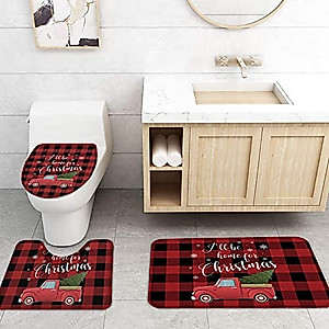 OneHoney 4 Piece Shower Curtain Sets with Non-Slip Rugs, Truck with Christmas Tree Bathroom Curtains Waterproof, Snowflakes on Red Buffalo Grid Decor Doormat, Toilet Lid Cover and Bath Mat