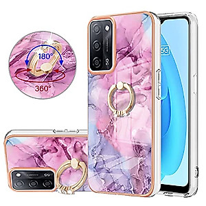 ONV Silicone Case for Oppo A55 5G - Phone Case with Luxury Glitter Metal Ring Marble Painted Stand Case TPU Bumper Protect Cover for Oppo A55 5G / Oppo A53S 5G / Oppo A54 4G / Oppo A16 [Ring] -Pink