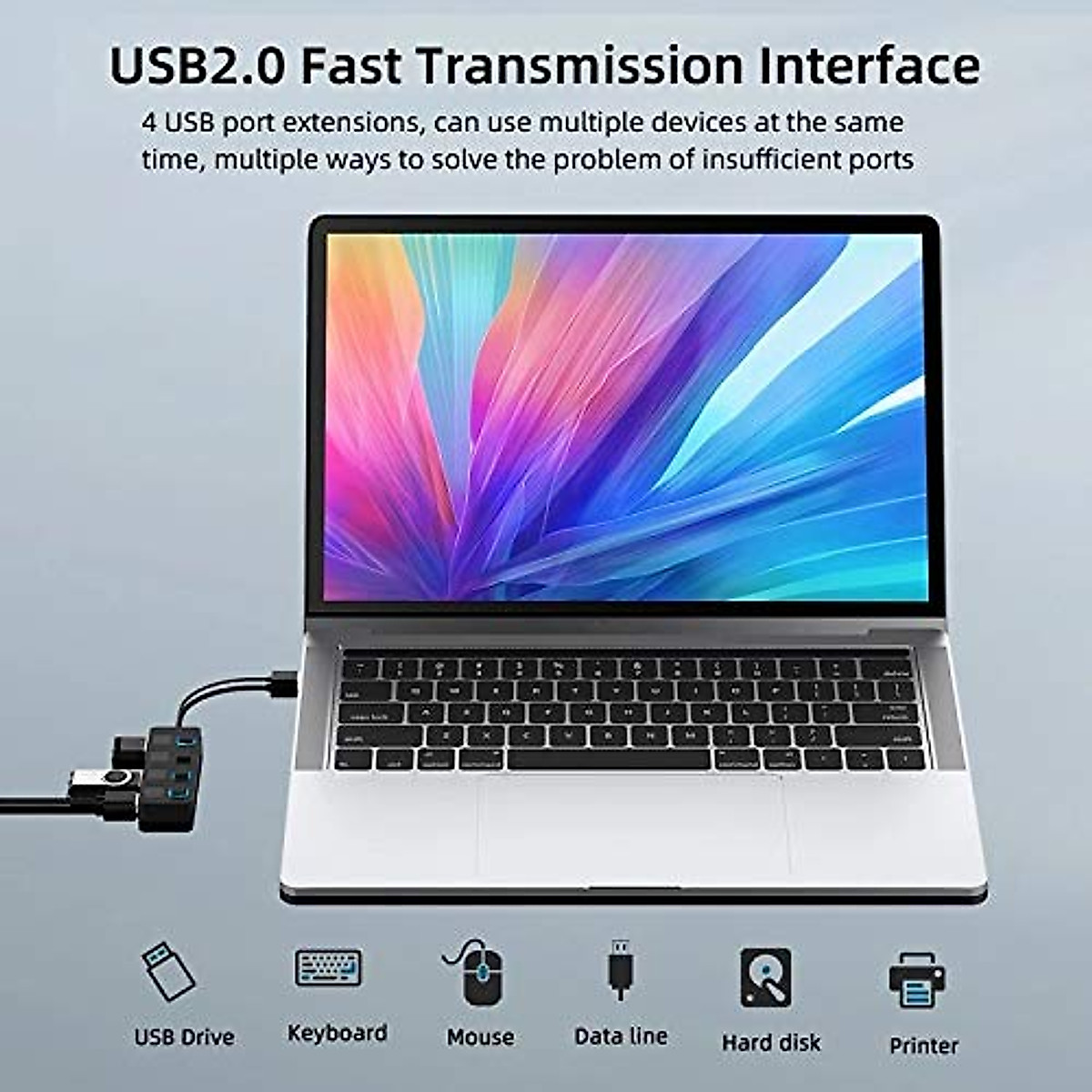 WJCCY USB 2.0 HUB Multi USB Splitter 4 Port Expander Multiple USB 2.0 Hub Use Power Adapter USB2.0 Hub with Switch for PC Computer (Color : Black)