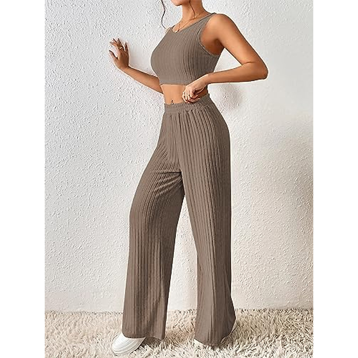 ZAFUL Women Two Piece Pajamas Set Solid Ribbed Knit Crop Tank Top Wide Leg Pants Loungewear Set