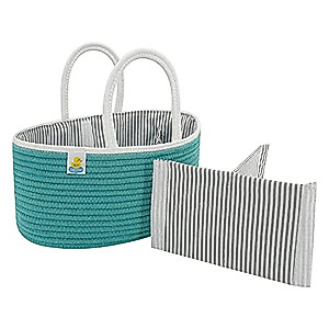 LittleXplorer Baby Diaper Caddy Organizer - 3 Pockets for Nursery Items - Portable Diaper Storage Tote Bag for Changing Table and Car - Boy Girl Travelling Caddy - Rope Design 100% Cotton (Turquoise)