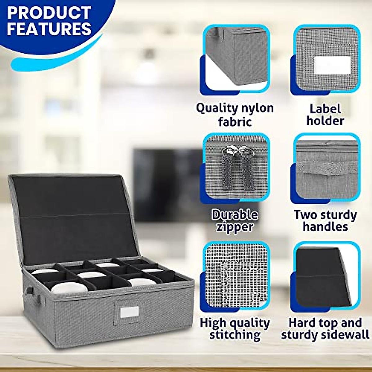 China Storage Containers for Mugs and Cups | 12 Slot Teacup Storage with Lid and Handles | Hard Fabric China Chest and Storage Box for Moving, Coffee