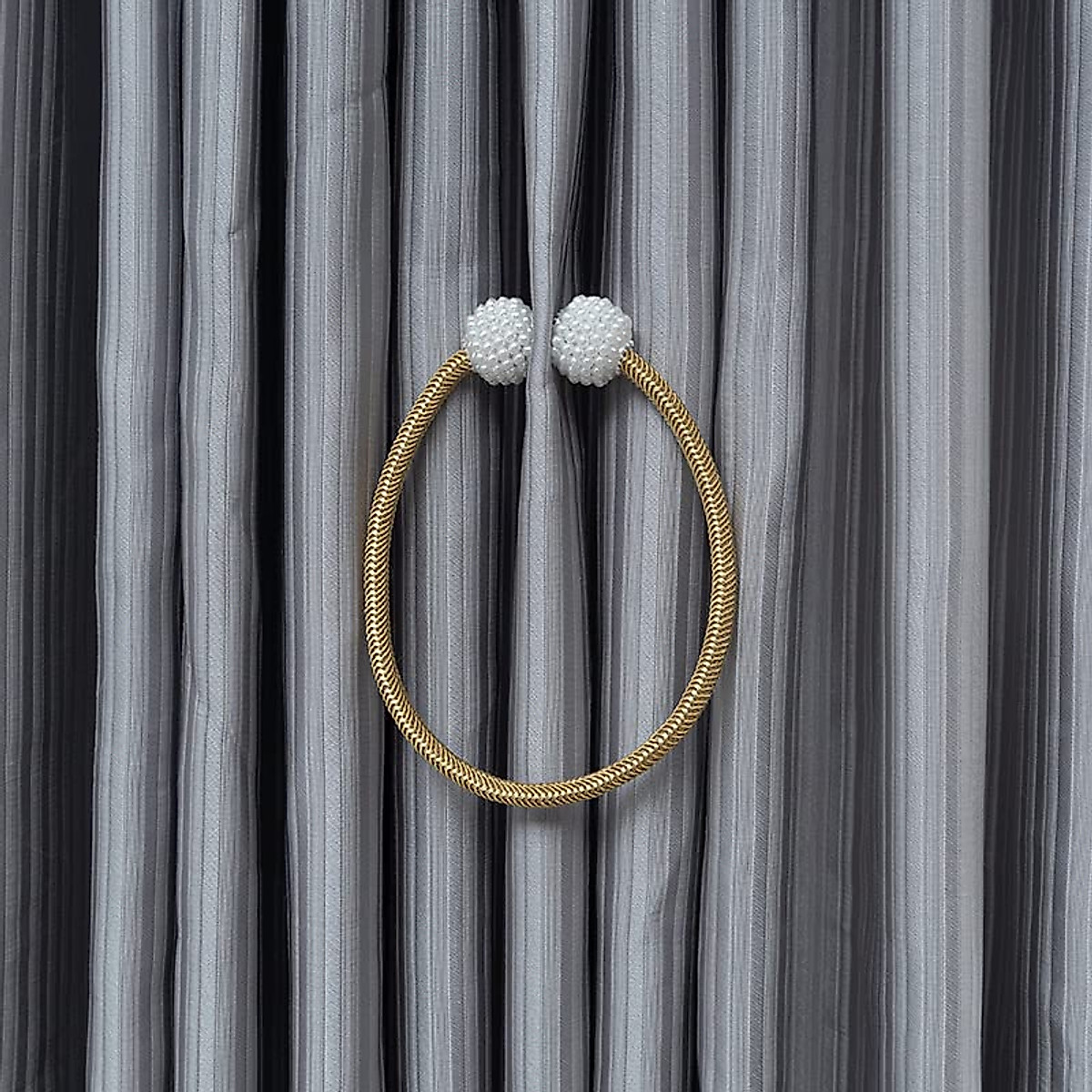 BSitVoik Magnetic Curtain TieBacks with Pearls, Modern Curtain Holdbacks Strap, Pearl Ball Home Office Curtain Buckle, Weave Clips Rope Straps Holder for Big, Wide or Thick Drapries(Grey)