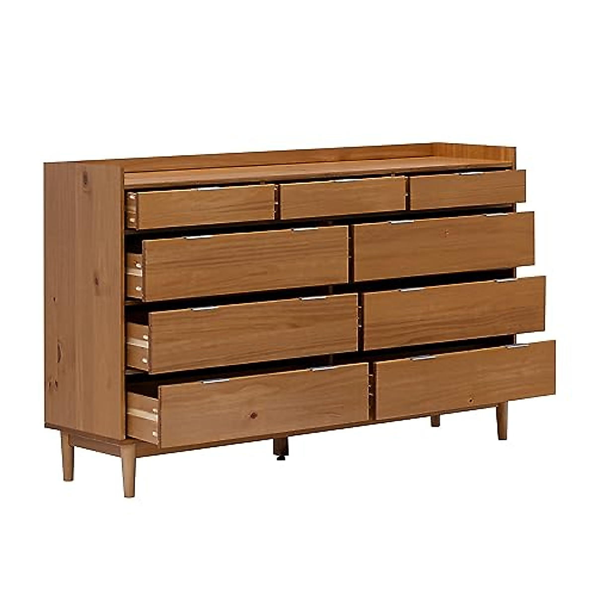 Walker Edison Blythe Mid-Century Modern Tray-Top Solid Wood 9-Drawer Dresser, 60 Inch, Caramel