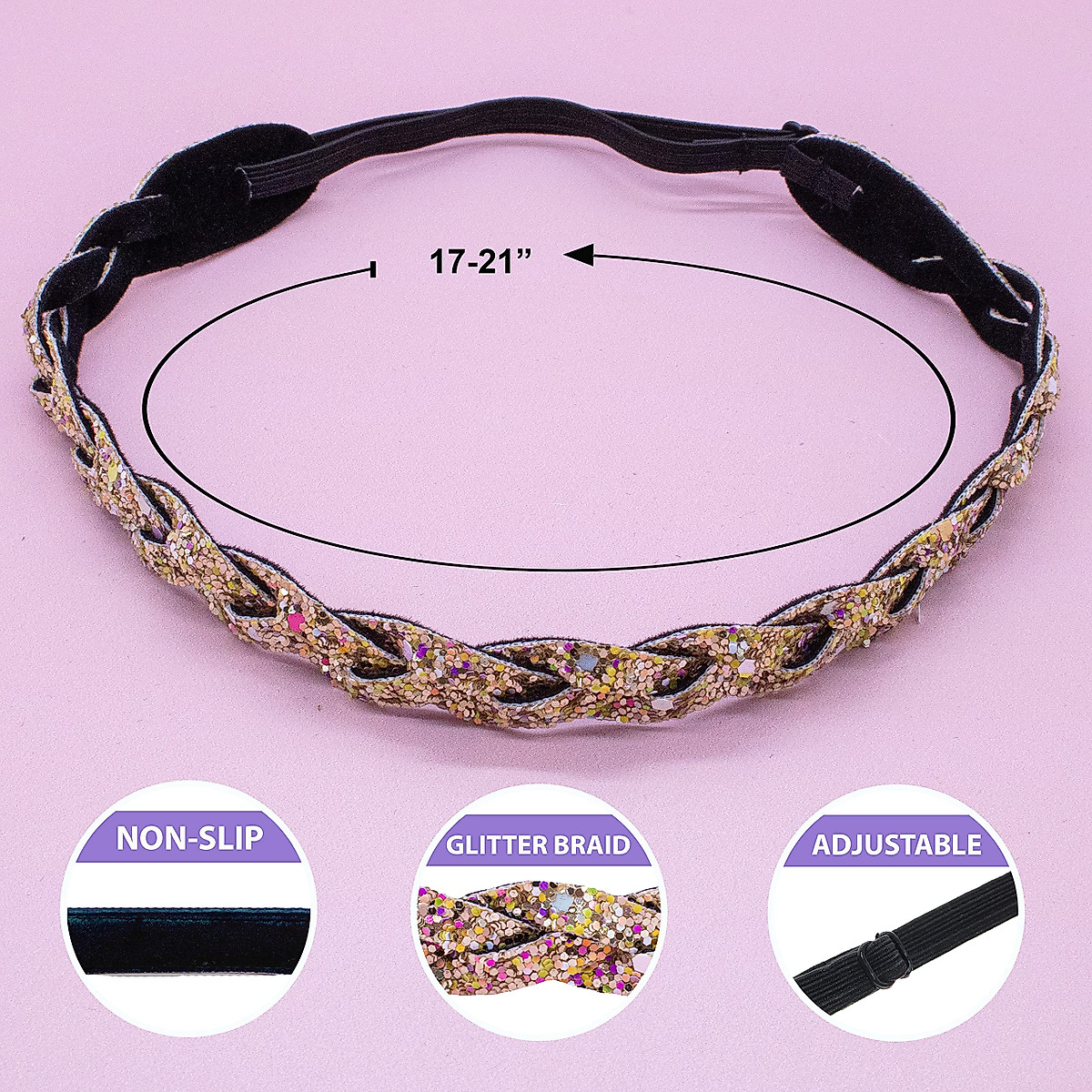 FROG SAC 3 Glitter Headbands for Girls, Adjustable No Slip Headband for Kids, Sparkly Stretch Hair Bands for Tweens, Bling Elastic Nonslip Teen Girl Hair Accessories