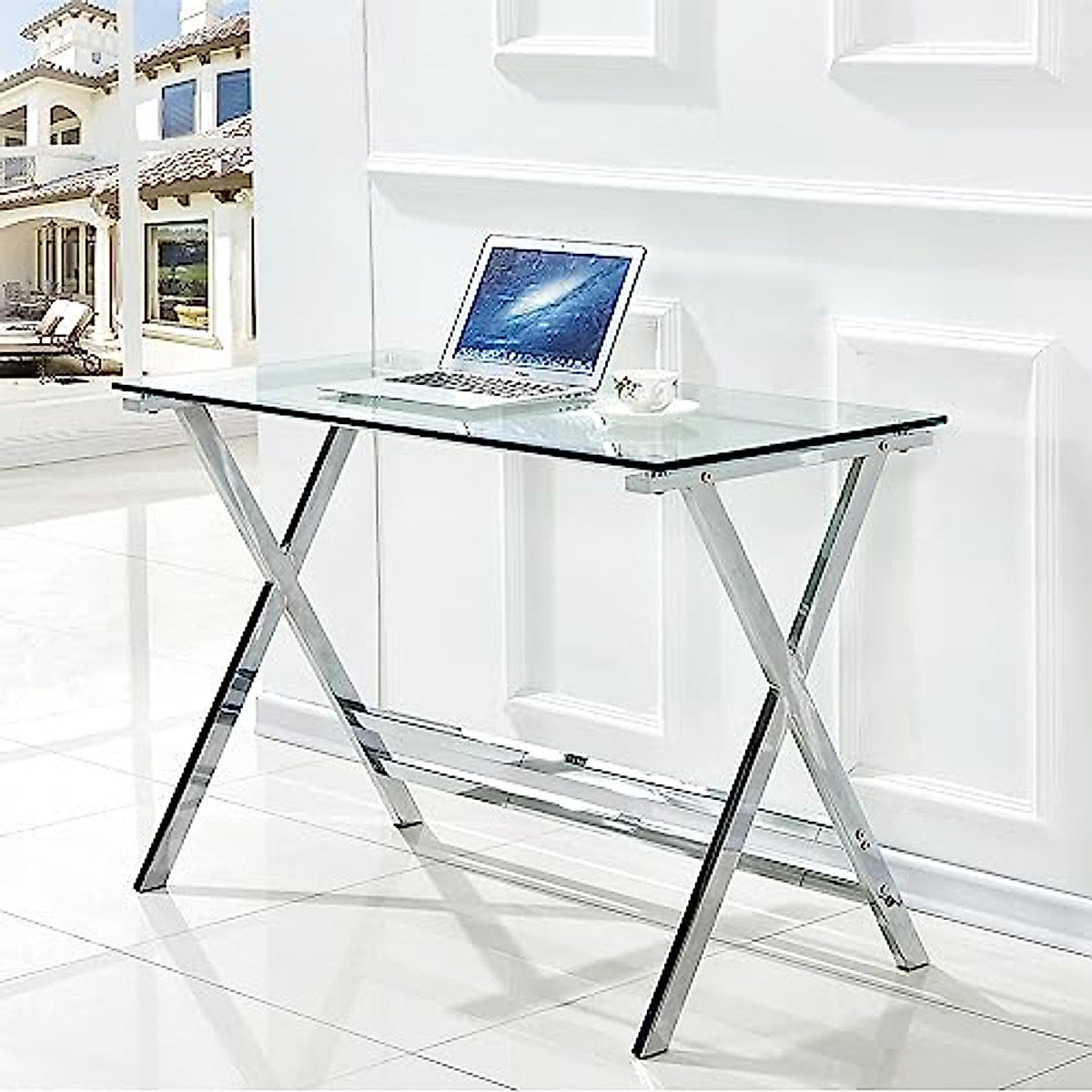 SMARTIK Modern Glass Computer Desk, Clear Study Table - Gaming Desks, Study Desk, and Workstation Table for Small Spaces - Stainless Steel Frame 43.5" x 21.7" x 29.9"