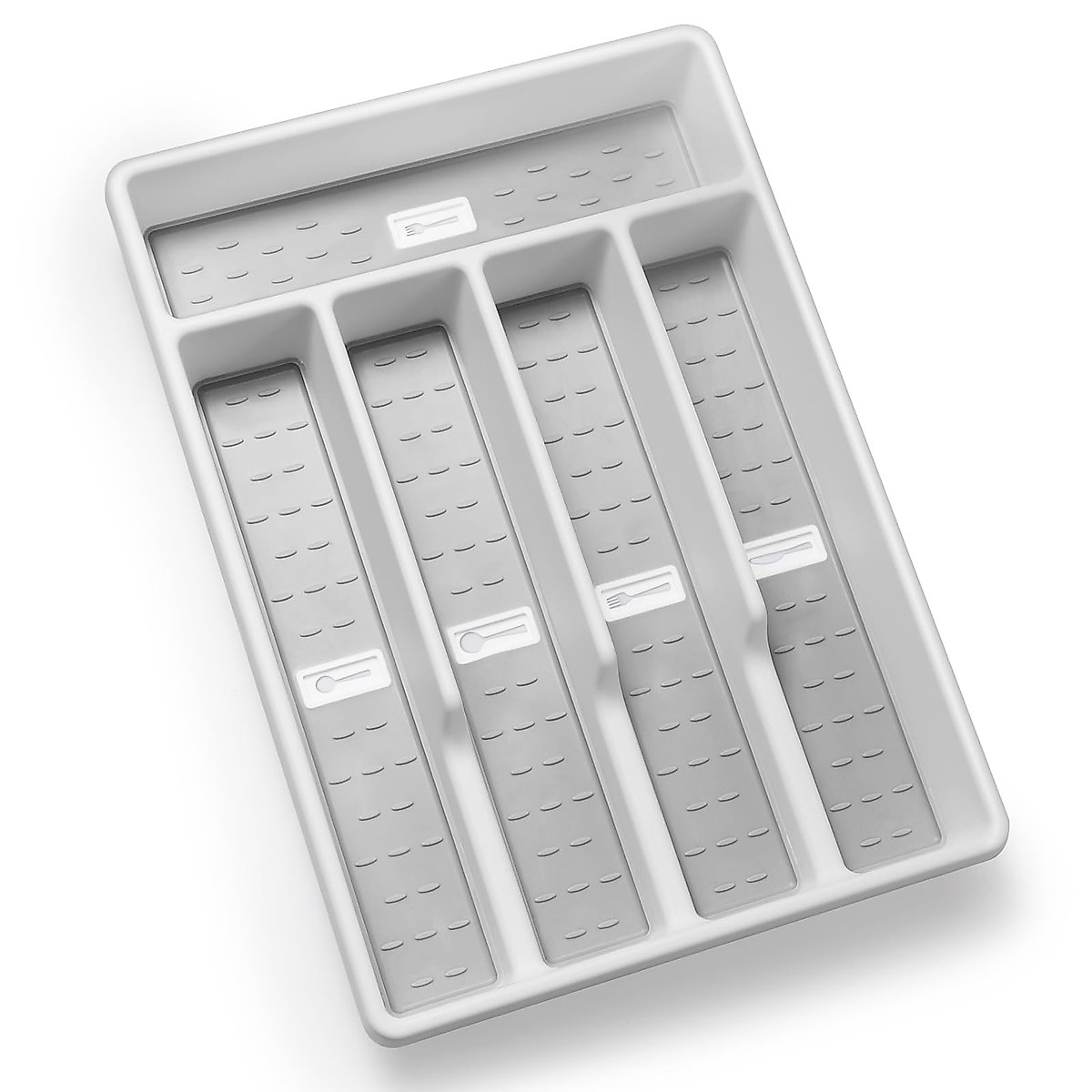 Joequality Silverware Organizer with Icons，Plastic Cutlery silverware Tray for Drawer，Utensil Flatware Tableware Organizer for Kitchen with Non-slip TPR,Fits Standard Drawer,5-Compartment，Grey