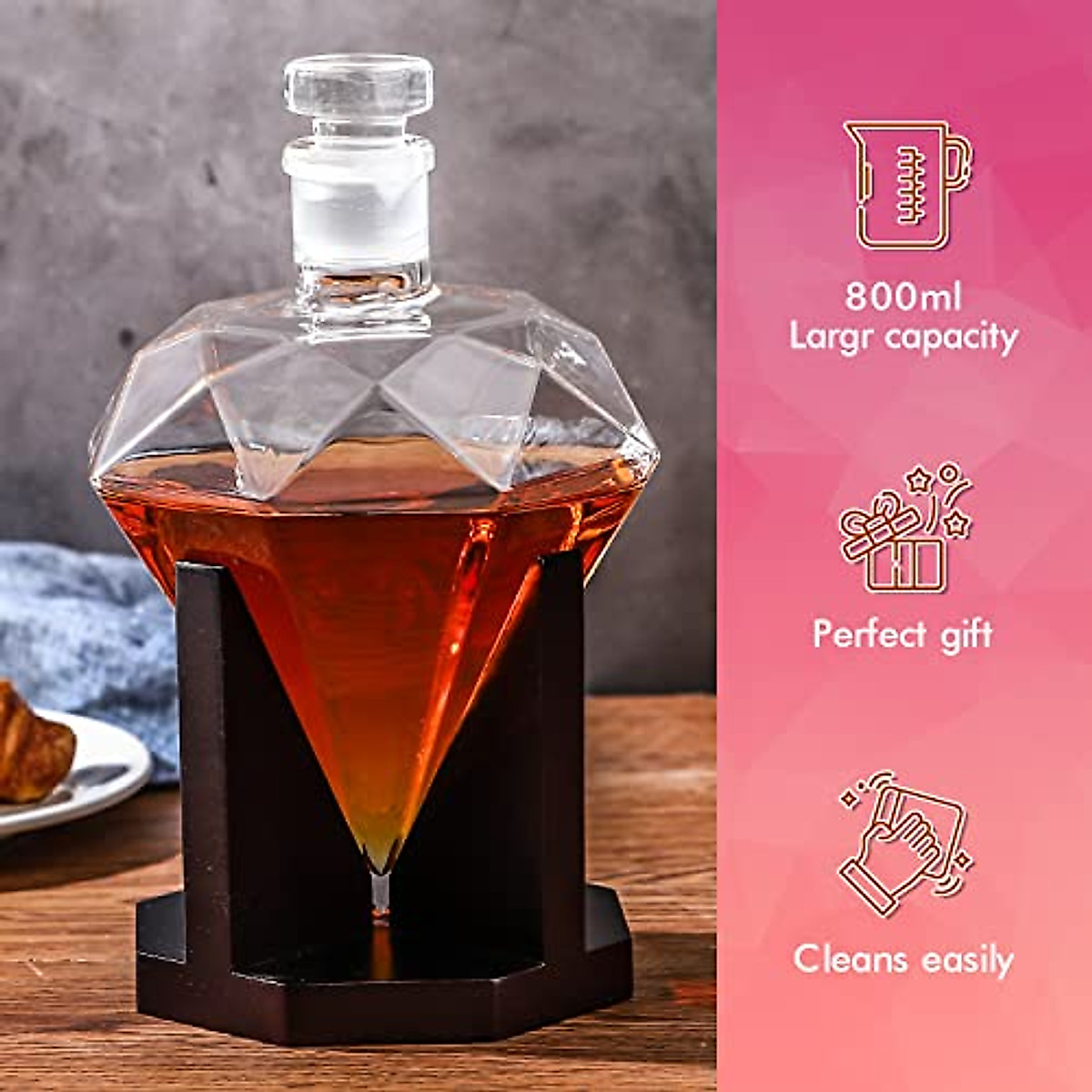 Whiskey Decanter, Diamond Decanter, Glass Liquor Decanter with Wooden Holder for Bourbon, Liquor, Rum, Bourbon, Scotch, Great Gifts for Men Glass Decanter with Airtight Stopper - 850ml/27OZ