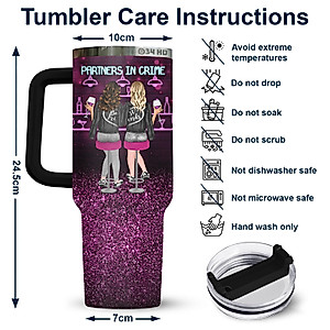34HD 40oz Insulated Tumbler with Handle – Partners in Crime Birthday Gift for Best Friends or Sisters – Funny Stainless Steel Travel Mug – Keeps Drinks Hot or Cold – Fun Bar Night Quote Design