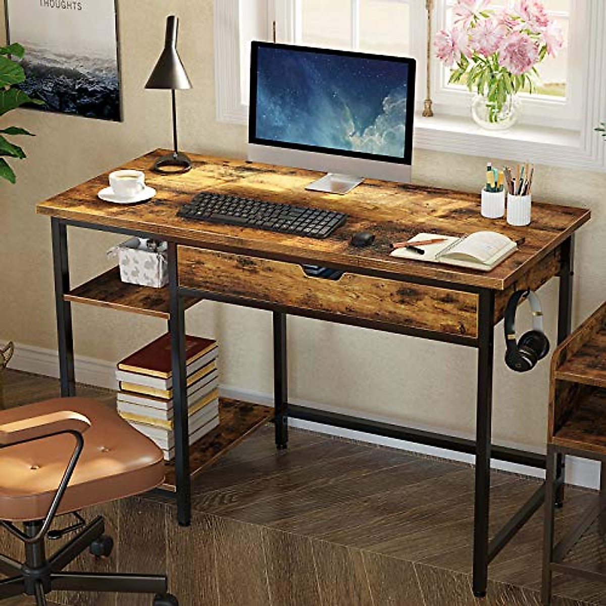 Rolanstar Computer Desk with Shelves and Drawer, 39" Home Office Writing Desk, Laptop Study Table Workstation, Retro Industrial Design, Stable Metal Frame, Rustic Brown