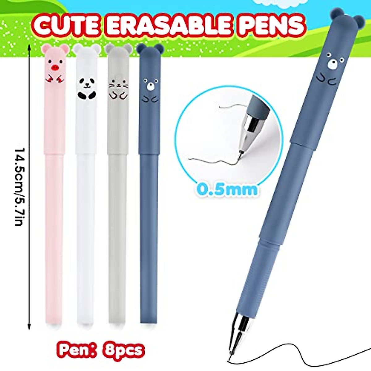 TIESOME 8 Pack Erasable Pens, Cute Cartoon Animal Rollerball Pens Erasable 0.5 mm Black Ink Gel Pens Friction Pens for Kids Students School Study Supplies Office Gift (8 Pens black ink)