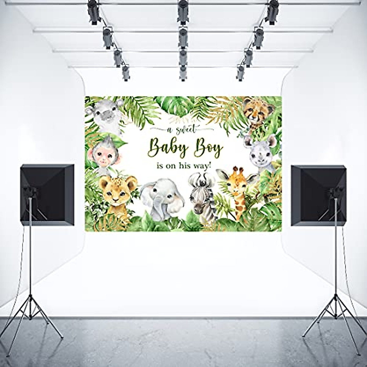 Aperturee 7x5ft Jungle Safari Animals Baby Shower Backdrop Baby Boy is On His Way It's a Boy Photography Background Green Leaves Photo Booth Studio Cake Table Banner Party Decorations Props Supplies