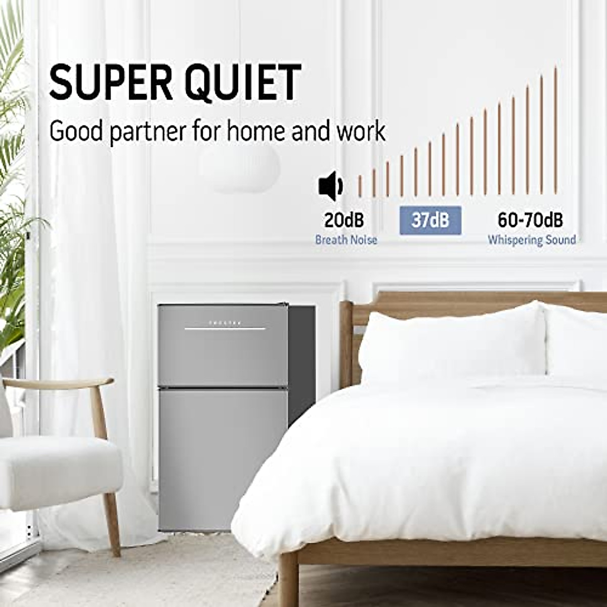 Frestec 3.2 Cu.Ft Mini Fridge for Bedroom, Mini Refrigerator with freezer, Dorm Fridge with Freezer, 2 Doors Perfect for Room and Office, Adjustable Temperature(Stainless steel)