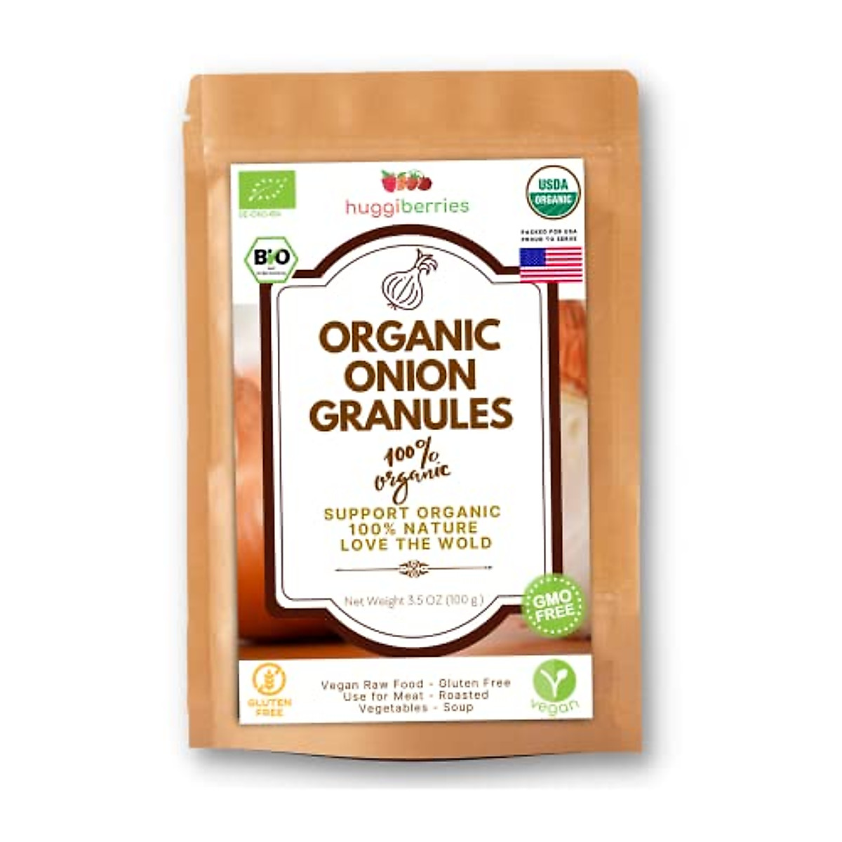 Huggiberries Organic Onion Granules 7 OZ - Pure, Natural, and Delicious Onion Powder for Soups, Veggies, Meat - Gluten-Free, Vegan, and Organic Potent - Antioxidants, Supports Heart and Cardio
