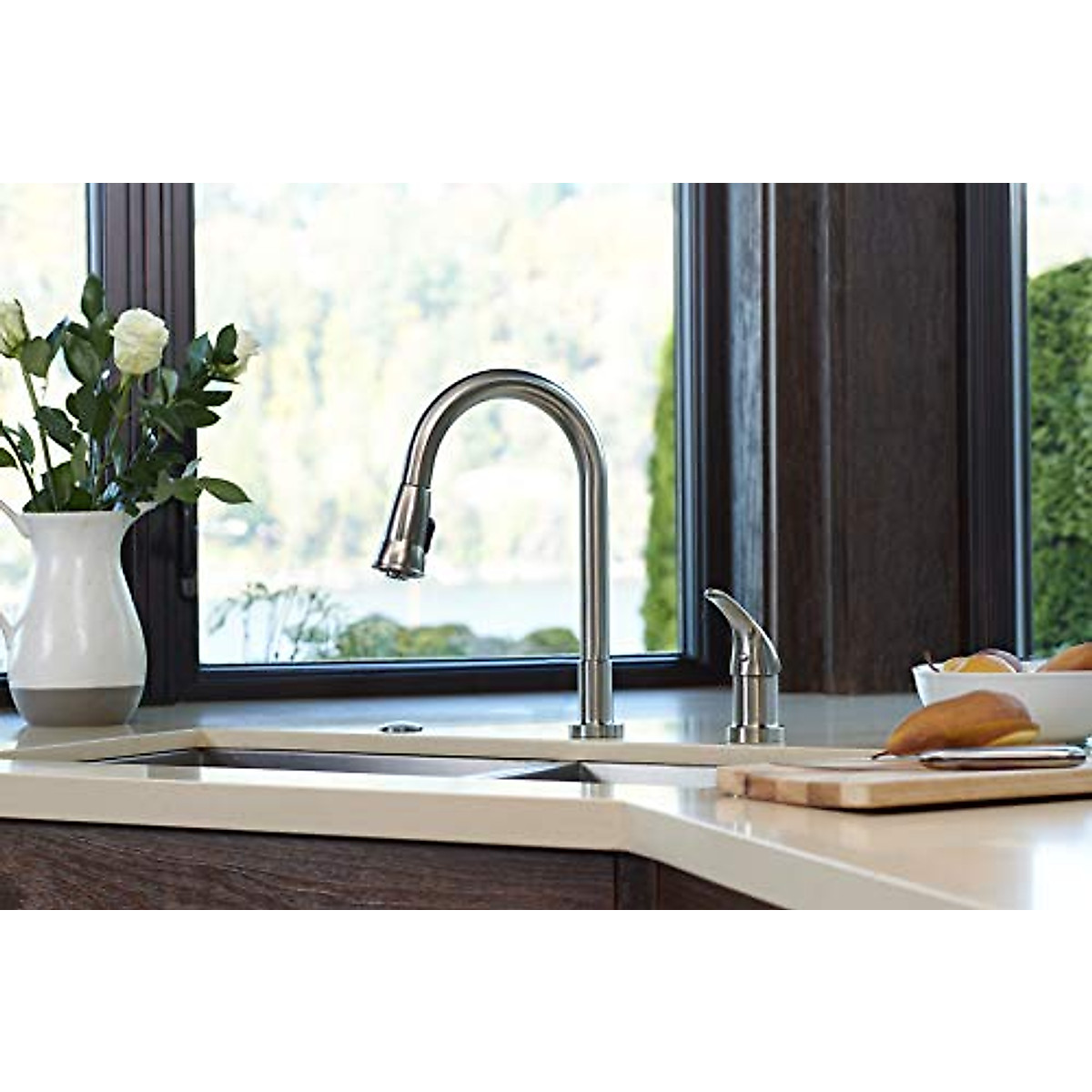 Pacific Bay Grandview Pull-Down Kitchen Sink Faucet with Soap Dispenser (Brushed Satin Nickel)