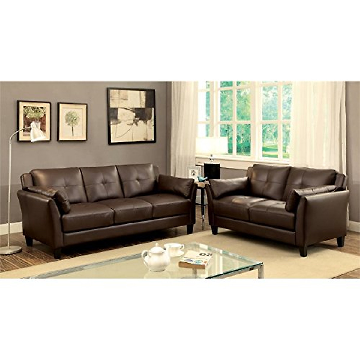 Furniture of America Tonia Contemporary 3-Piece Faux Leather Sofa Set in Brown