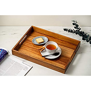 DecoVibe Acacia Wood Serving Tray with Handles - Rustic Wooden Tray for Living Room - Decorative Ottoman Wood Tray - 16" x 12" x 2" Large Food Trays for Ottomans, Coffee Table, Breakfast, Bed, Couch