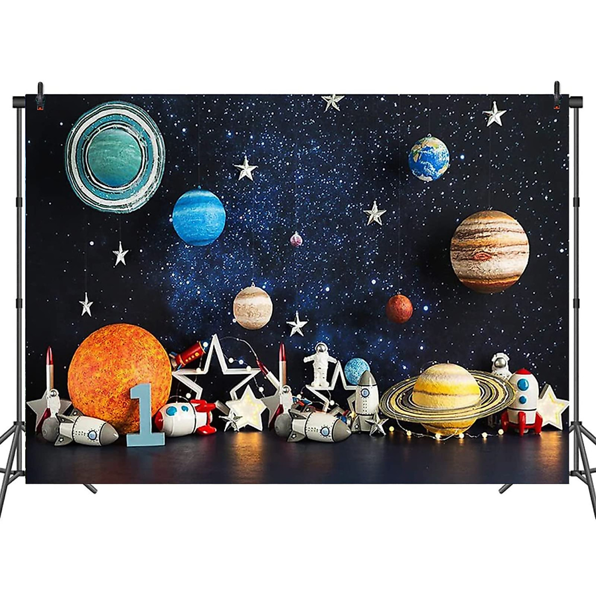 Outer Space Photography Backdrop Universe Planet Star Galaxy Astronaut Rocket Kids Birthday Party Decoration Boy Portrait Photo Background Birthday Party Cake Table Banner Vinyl,7x5ft
