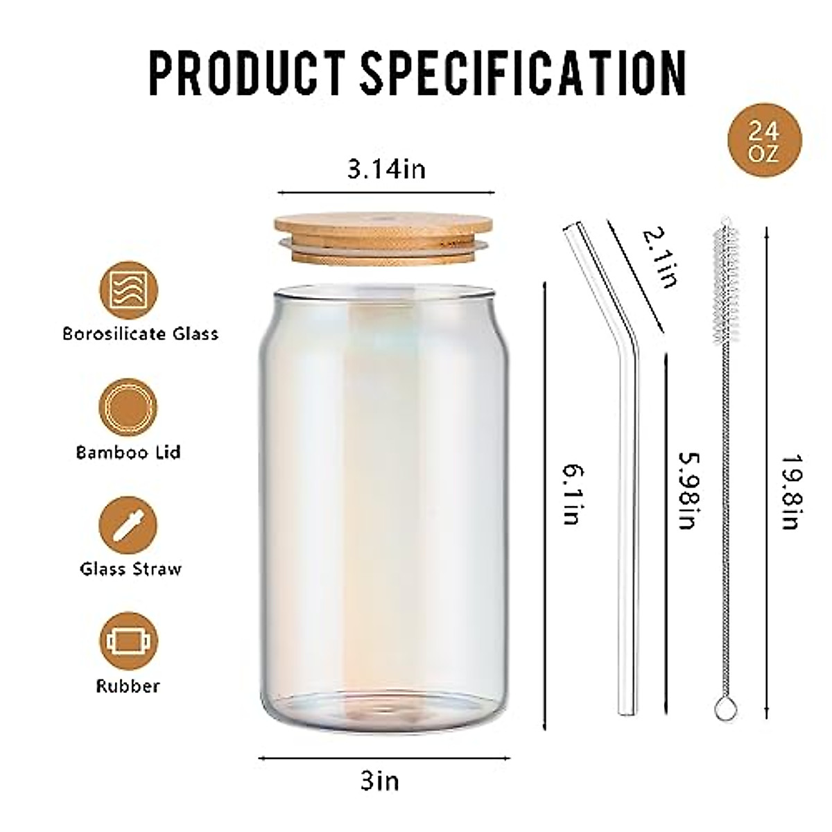HUAHANGNA Cute Coffee Cups With Glass Straw 24OZ - Large Glass Drinking Jar, Bamboo Cups with Lids and Straws, Sublimation Glass Blanks, Boba Cup Ideal for Water, Juice, Beer, Smoothies…