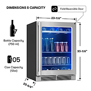Zephyr 24" Wine Fridge & Beverage Refrigerator Single Zone Under Counter - Mini Wine Cooler Cellars Small Beer Fridge Cabinet Drink Chiller Freestanding Wine Beverage Cooler, 7 bottles,112 cans