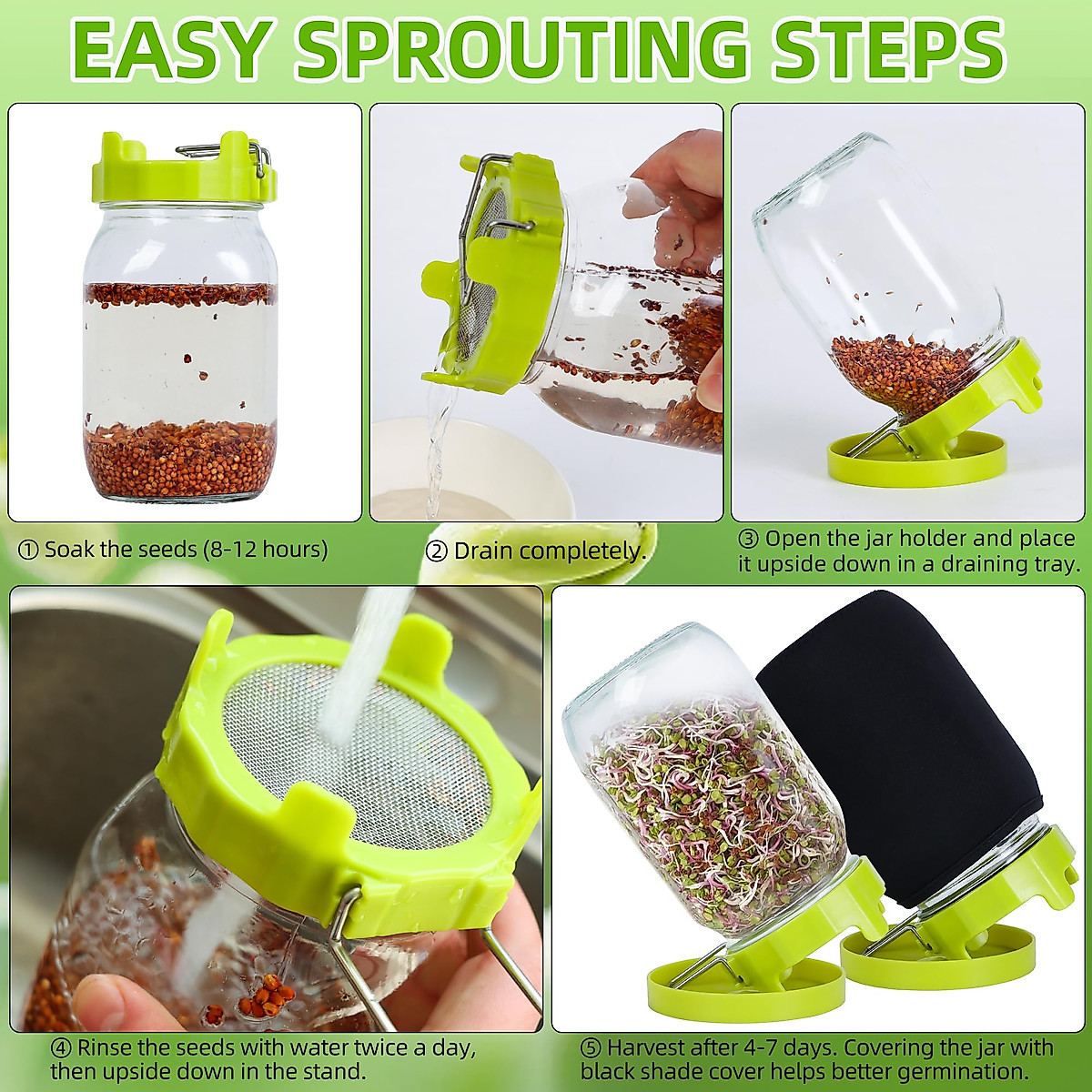 Sozize Sprouting Kit Sprouts Growing Kit 34oz Wide Mouth Seed Sprouting Jar Germination Kit 304 Stainless Screen Lid and Stand Blackout Sleeve Tray for Growing Bean Alfalfa Sprout Seeds