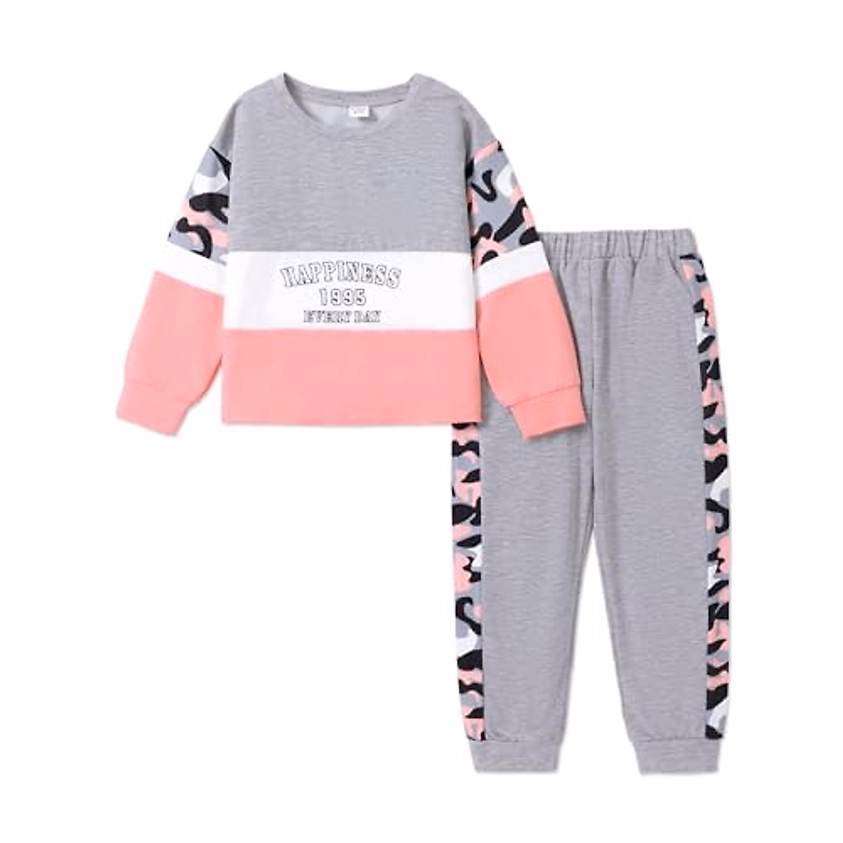 PATPAT Girls Outfits Grey Pink Crew Neck Leopard Color Block Sweatshirt and Sweatpant Girls Outfits Size 7/8